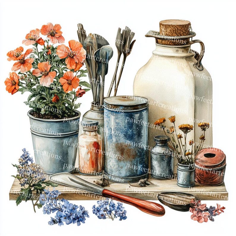 Vintage Gardening Tools Watercolor Clipart: Spring Garden Art (digital ...