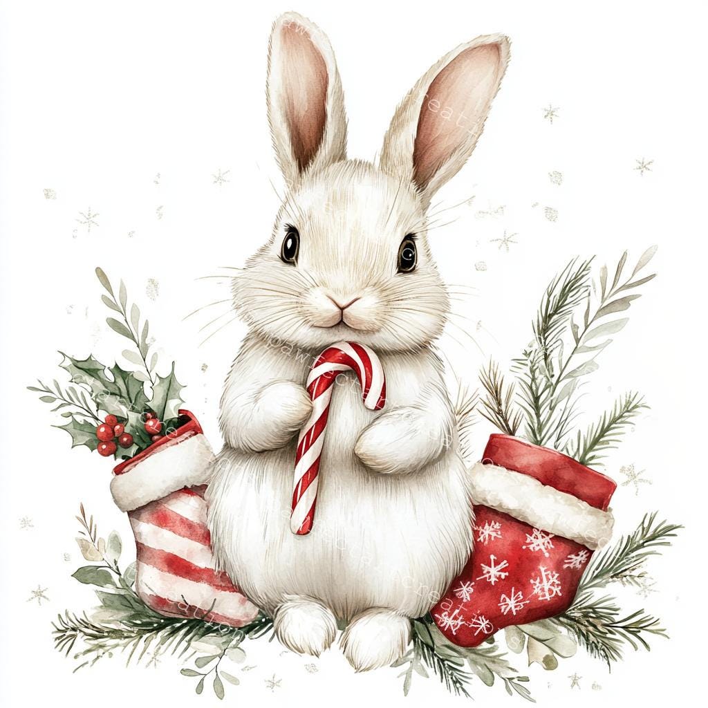 Christmas Bunny Watercolor Clipart: Candy Cane, Santa, Nursery Art (JPG ...