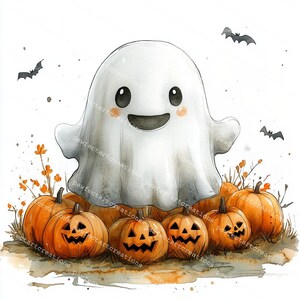 10 Cute Spooky Ghost With Pumpkin Clipart, Halloween, Treat or Trick ...
