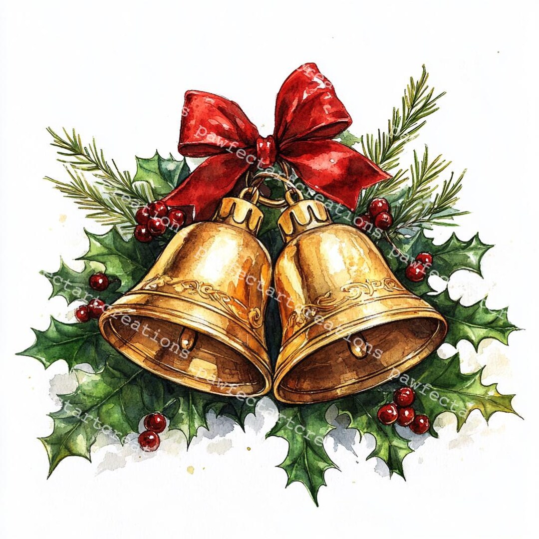 Christmas Bell Clipart: Golden Watercolor Jingle Bells (digital ...