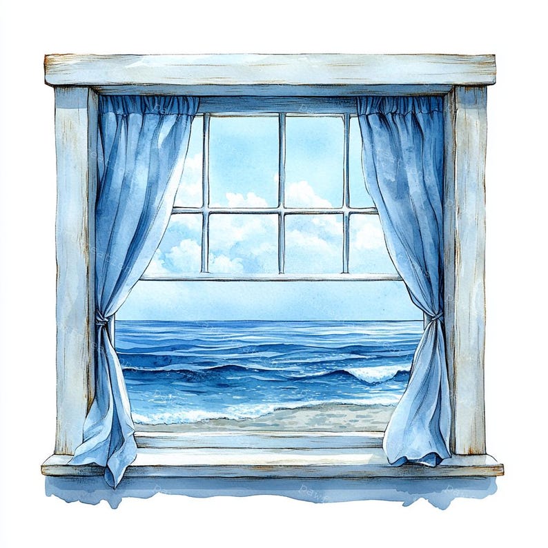 Seaside View Watercolor Print: Ocean Window Clipart (digital Download ...