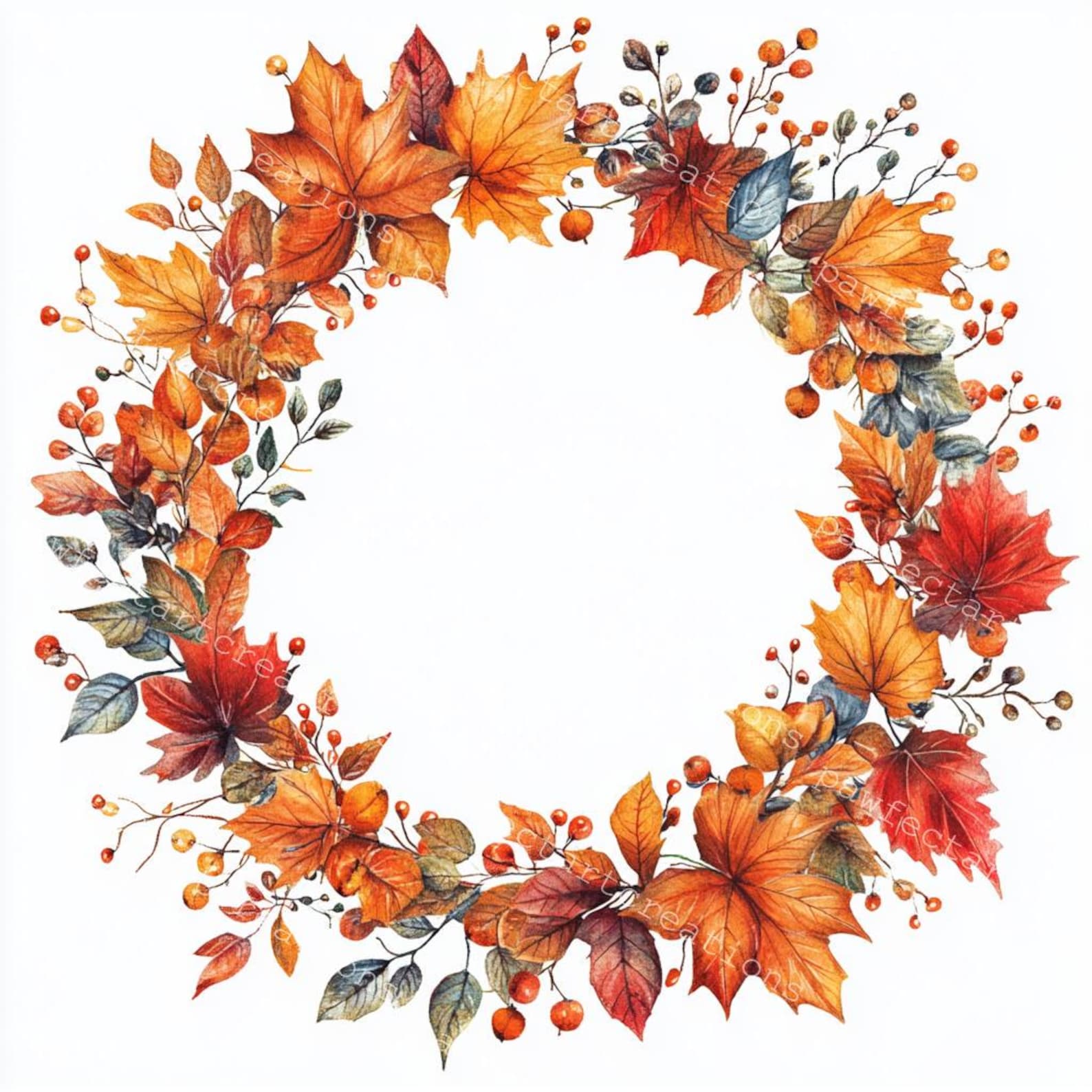 Autumn Leaves Wreath Clipart: Watercolor Fall Foliage (digital Download ...
