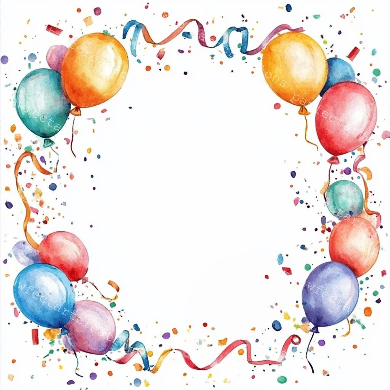 Birthday Balloon Frame Clipart: Watercolor Celebration (digital ...