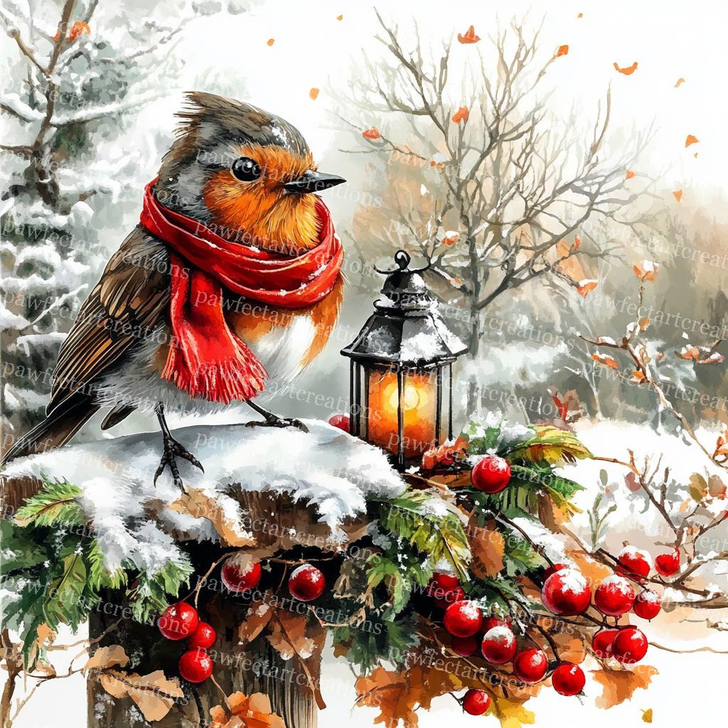 Robin and Lantern Christmas Clipart: Watercolor Village Scene (digital ...