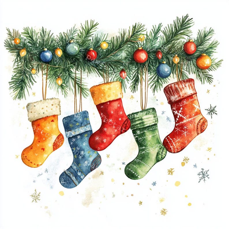 Watercolor Christmas Stockings Clipart: Holiday Card & Garland (digital ...