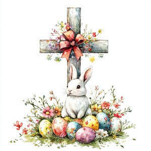 Easter Cross Bunny Clipart: Watercolor Floral Jpgs (digital Download ...