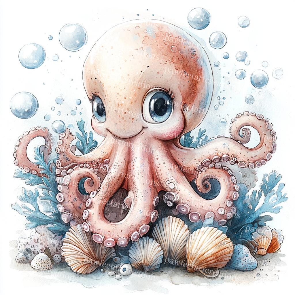 12 Cute Cartoon Octopus Clipart, Ocean Animals, Under the Sea Clipart ...