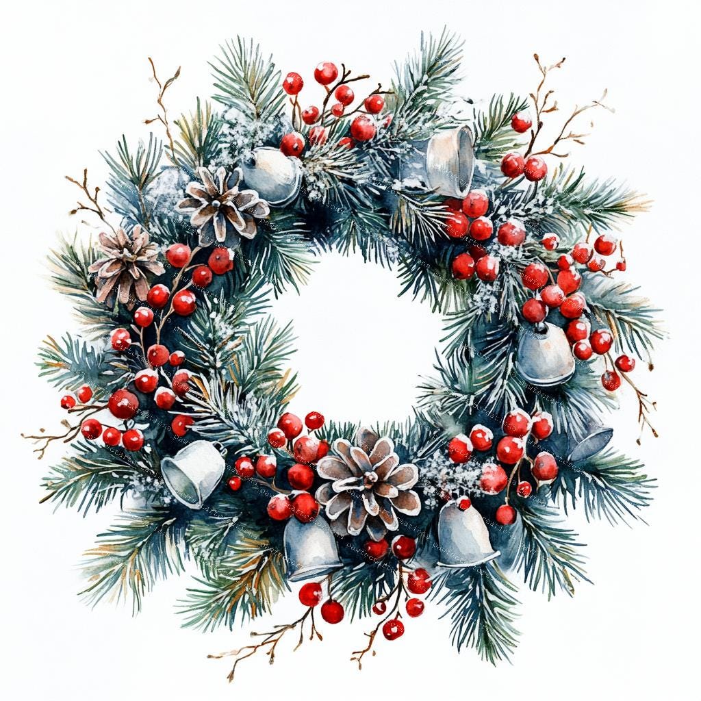 Watercolor Christmas Wreath Clipart: Holiday Papercraft (digital ...