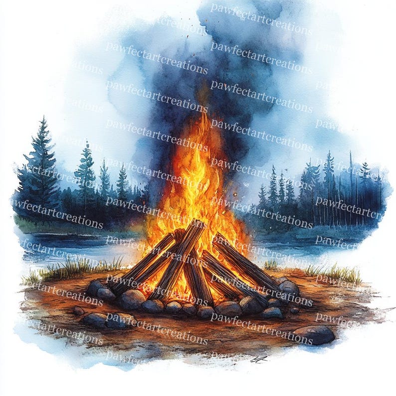 Bonfire Clipart: Watercolor Campfire, Firewood (digital Download) - Etsy