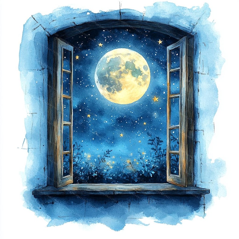 Moonlit Window Watercolor Clipart: Night Sky Landscape (digital ...