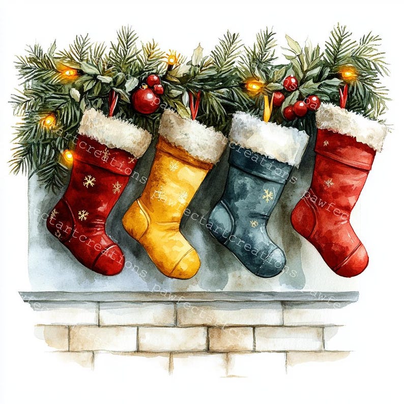 Watercolor Christmas Stockings Clipart: Holiday Card & Garland (digital ...
