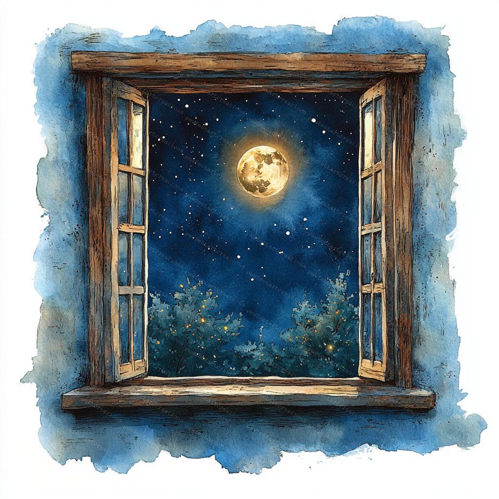 Moonlit Window Watercolor Clipart: Night Sky Landscape (digital ...