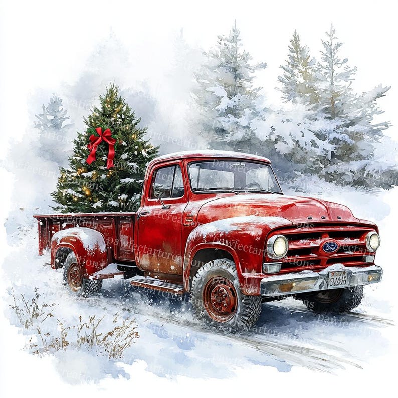 10 Christmas Truck Clipart: Watercolor Holiday Tree Art (digital ...