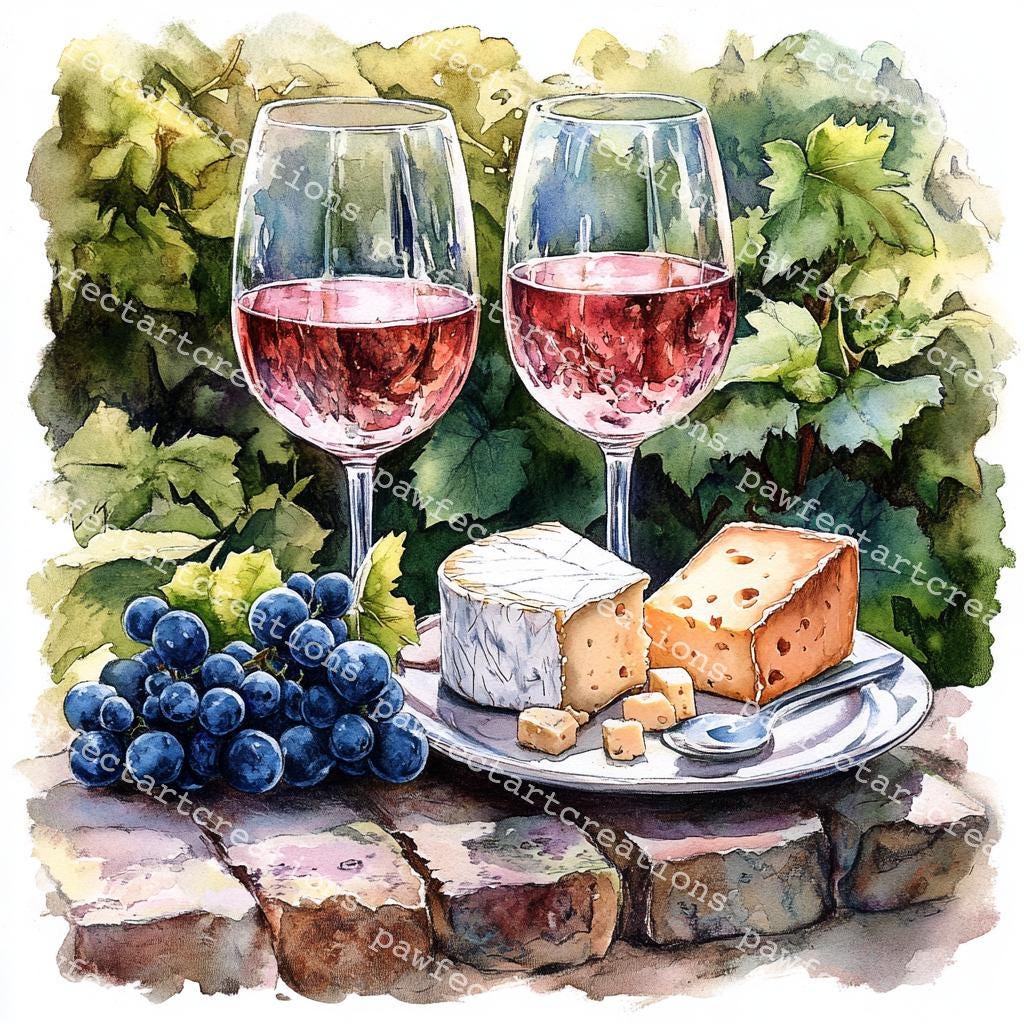 12 Wine and Cheese Clipart, Wine Glass Clipart, Printable Watercolor ...