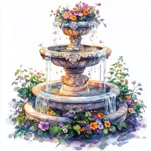 12 Garden Fountains Clipart, Floral Fountain, Floral Garden, Printable ...