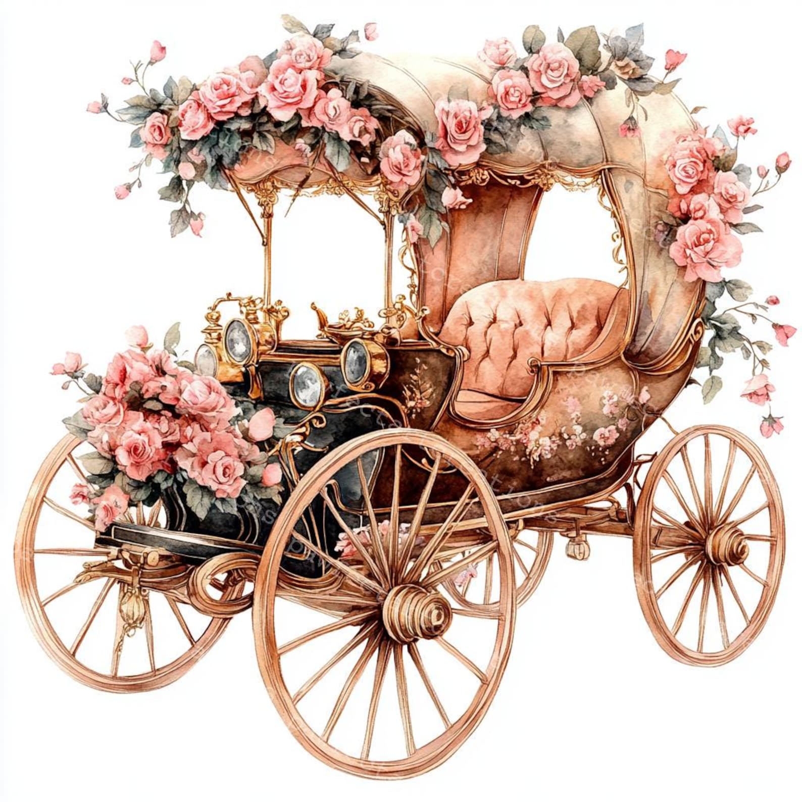 Floral Princess Carriage Clipart: Watercolor Royal Design (digital ...