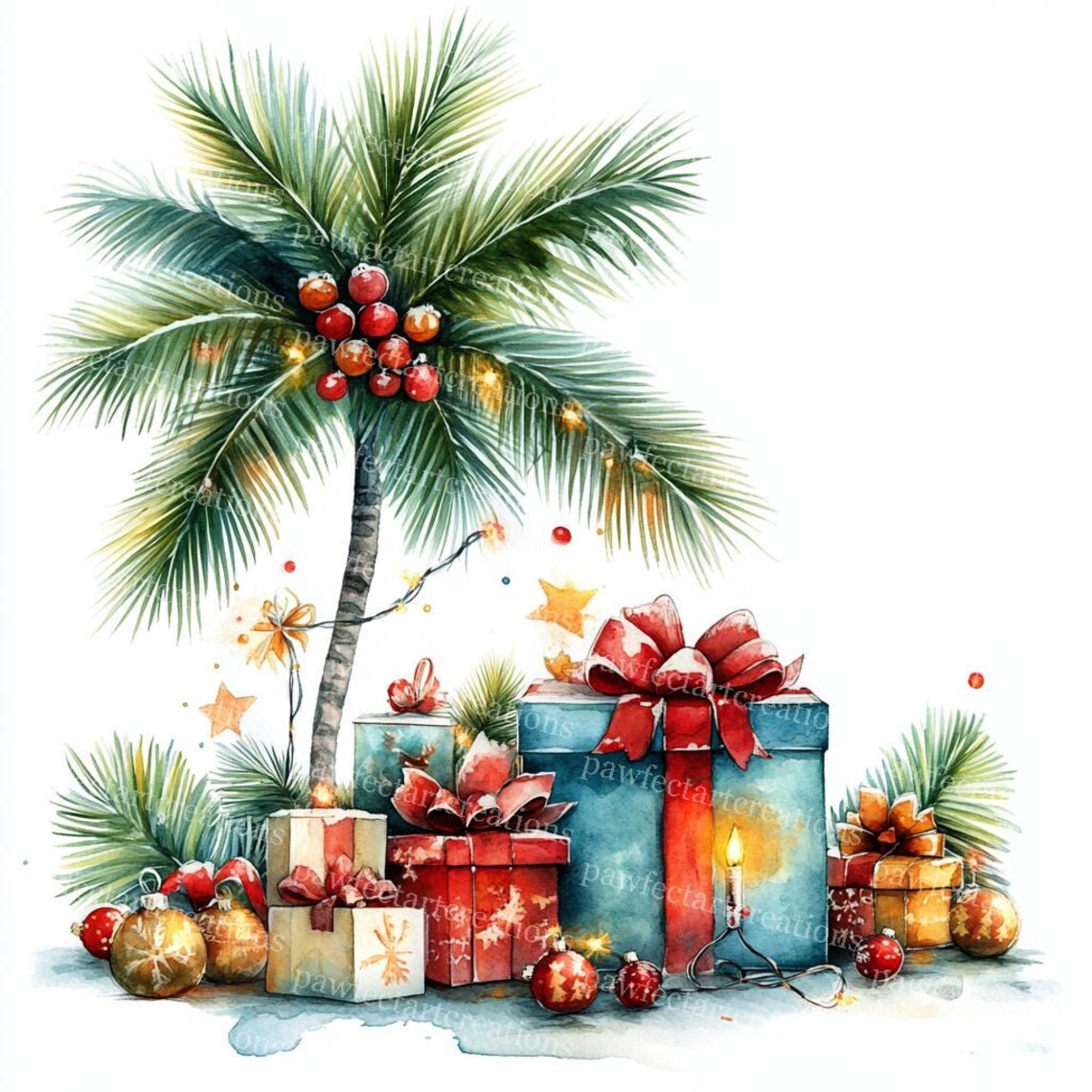 Tropical Christmas Palms Watercolor Clipart: Holiday Card Design ...