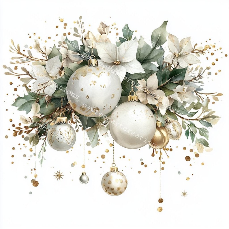 15 Elegant Christmas Baubles Clipart, Christmas Card,white Gold Xmas ...