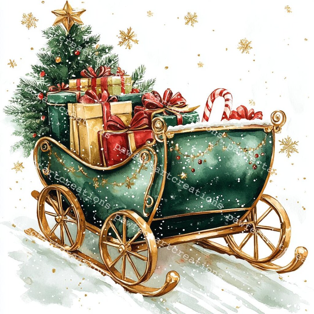 Christmas Sleigh Clipart: Watercolor Red & Green Sleighs (digital ...