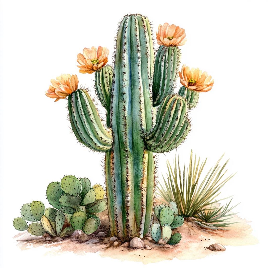 20 Cactus Clipart, Blooming Cactus, Desert Cactus, Printable Watercolor ...
