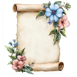 Vintage Floral Scroll Clipart: Watercolor Paper Design (digital ...