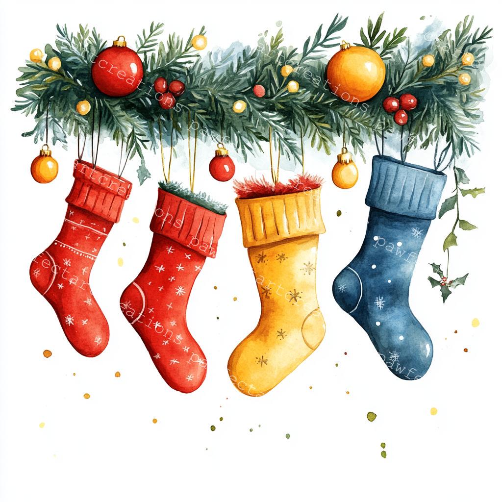Watercolor Christmas Stockings Clipart: Holiday Card & Garland (digital ...