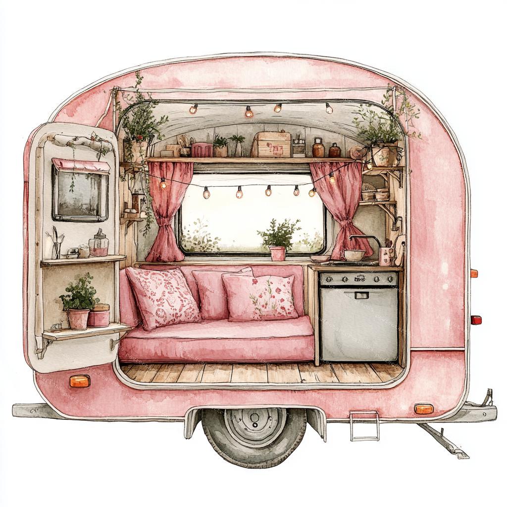 10 Pink Cozy Camping Trailer Clipart, Retro Camping Trailer, Printable ...
