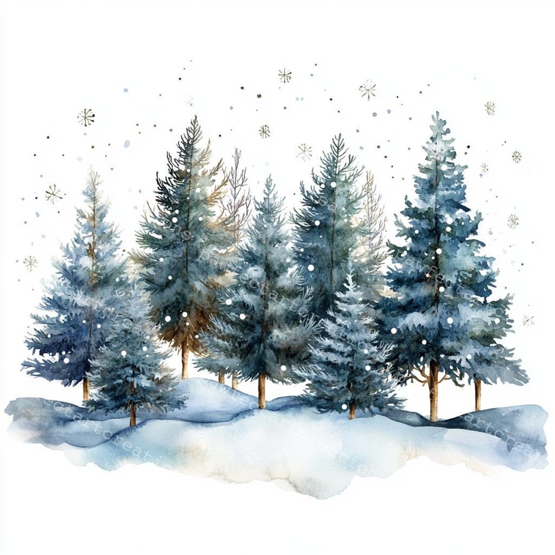Watercolor Christmas Trees Clipart: Winter Landscape Jpgs (digital ...