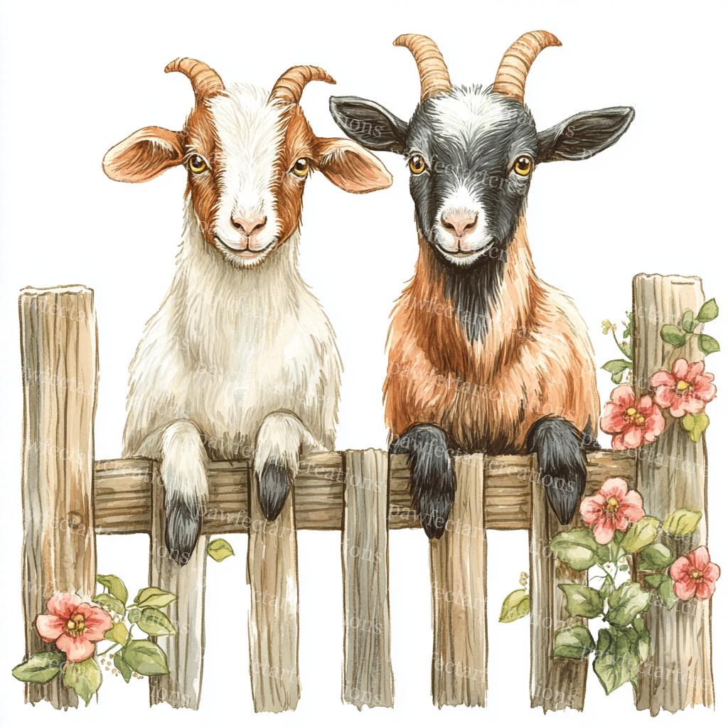 12 Cute Goats on Fence Clipart, Floral Goat, Farm Animal, Printable ...