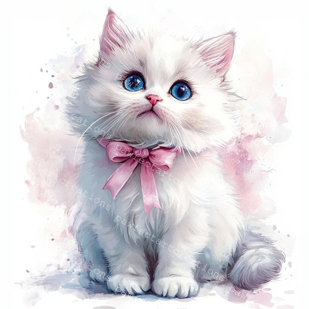 White Cat Clipart: Watercolor Kitten With Pink Bow (JPG Digital ...