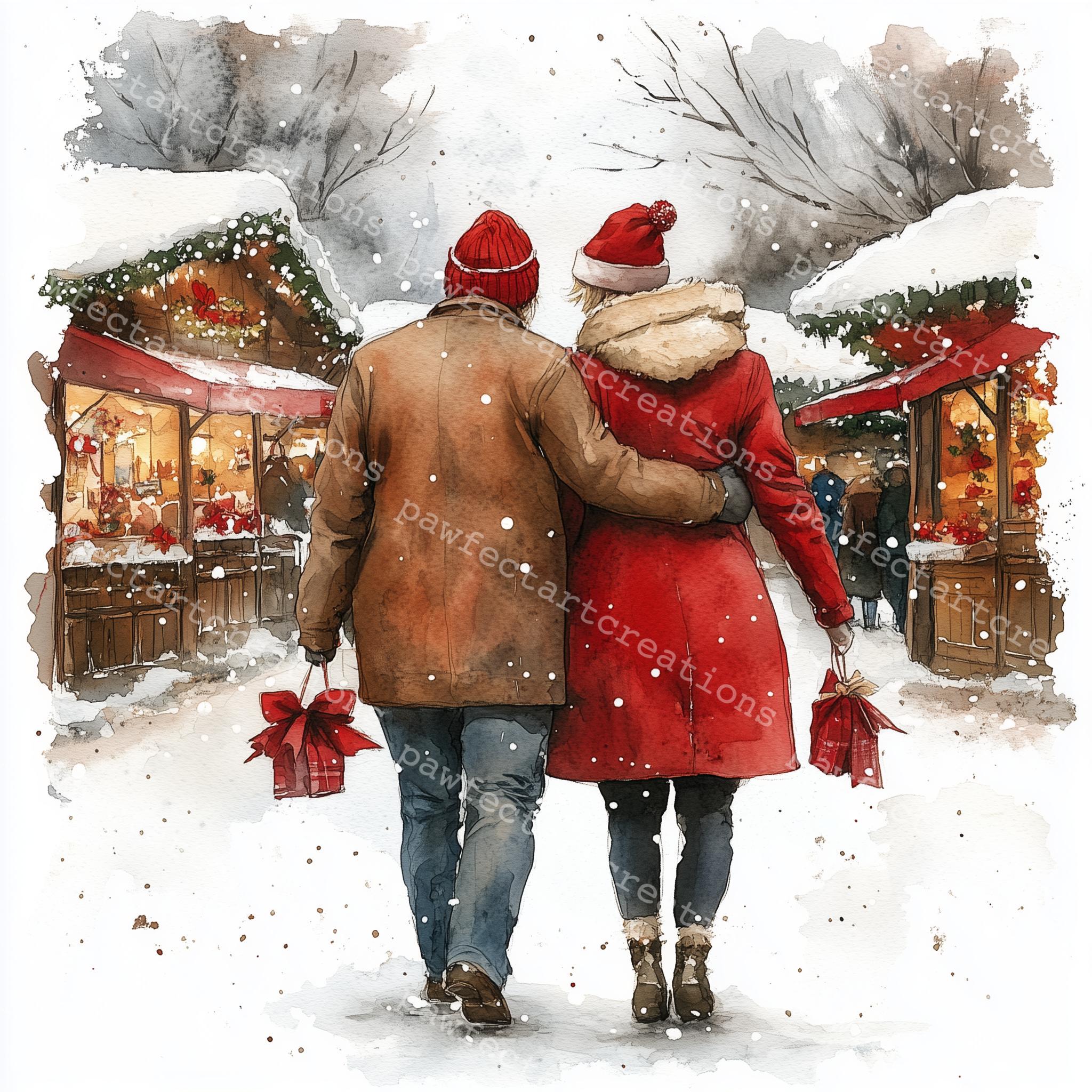 Christmas Couple Watercolor Clipart: Elderly Love, Winter Scene ...