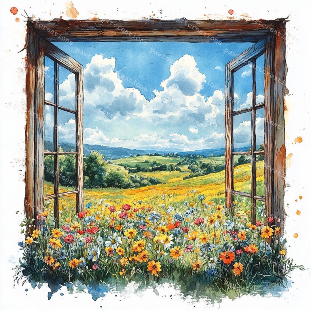 Flower Meadow View Through Window: Watercolor Art Print (digital ...