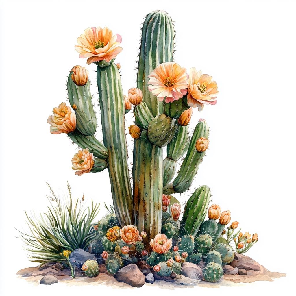 Watercolor Cactus Clipart Set: Blooming Desert Plants (digital Download ...