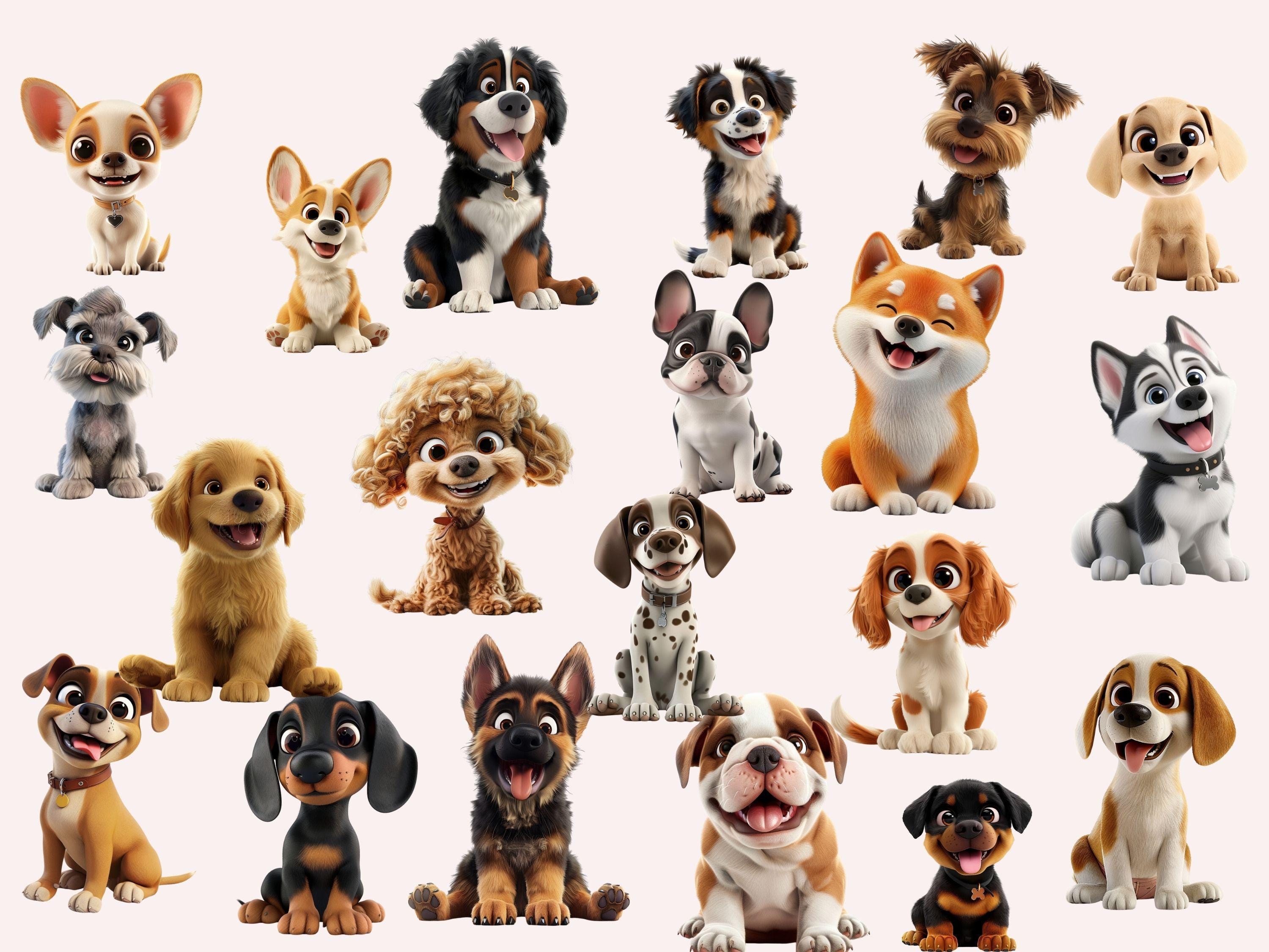 Pixar Style Dog Clipart, Dog PNG Bundle, Happy Puppy Clipart, Cute Dog ...