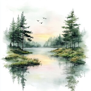 15 Lake Landscape Clipart, Lake Sunrise, Printable Watercolor, High ...