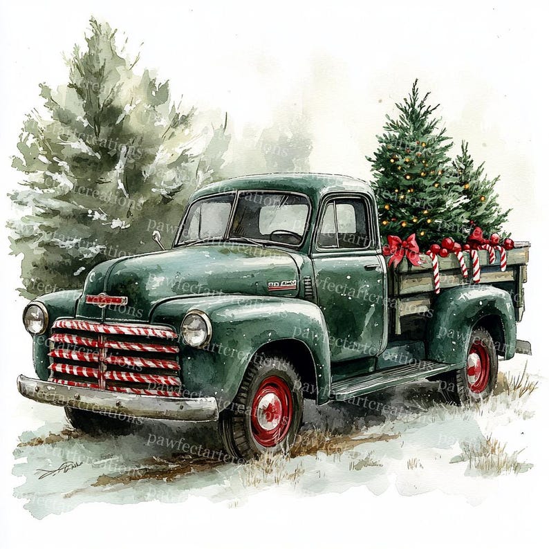 10 Christmas Truck Clipart: Watercolor Holiday Tree Art (digital ...