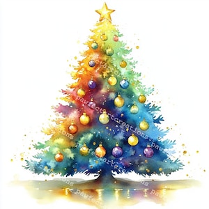 12 Rainbow Christmas Tree Clipart, Christmas Card, Printable Watercolor ...