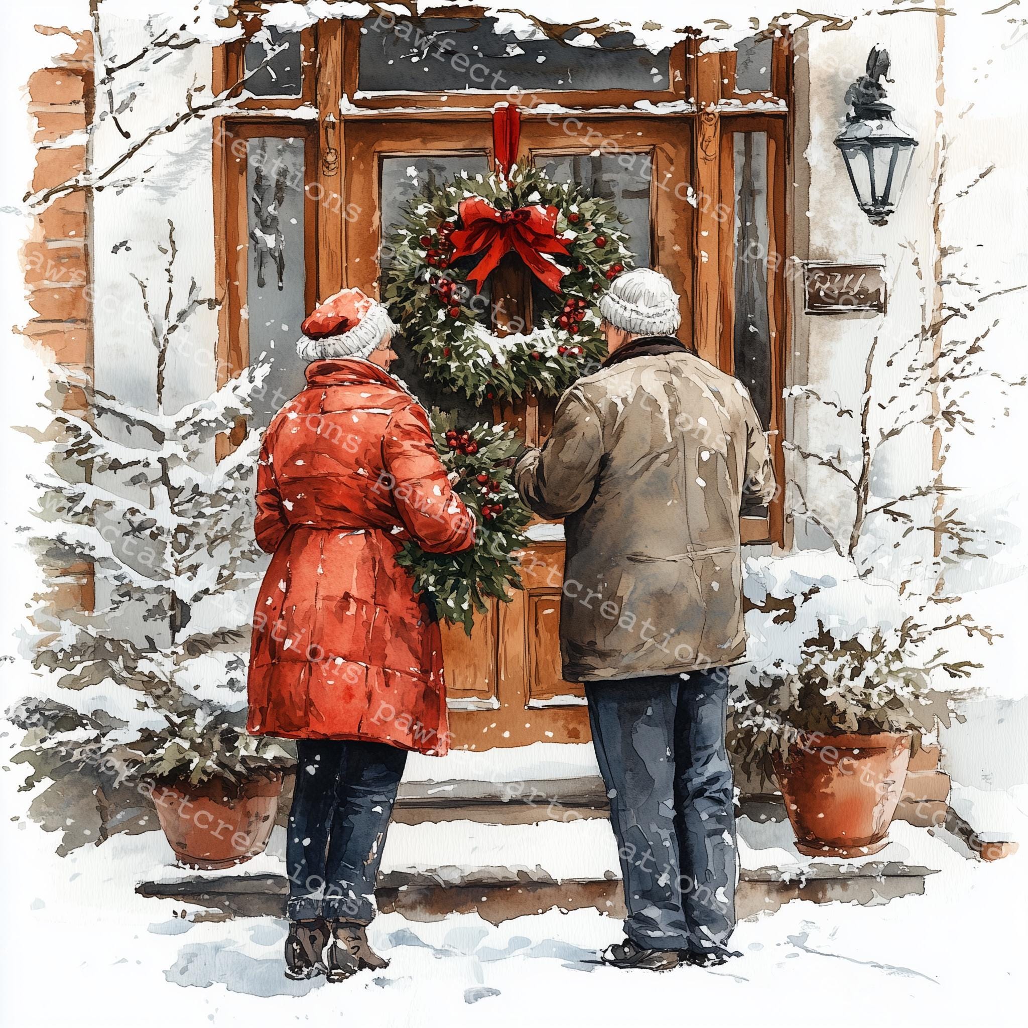 Christmas Couple Watercolor Clipart: Elderly Love, Winter Scene ...