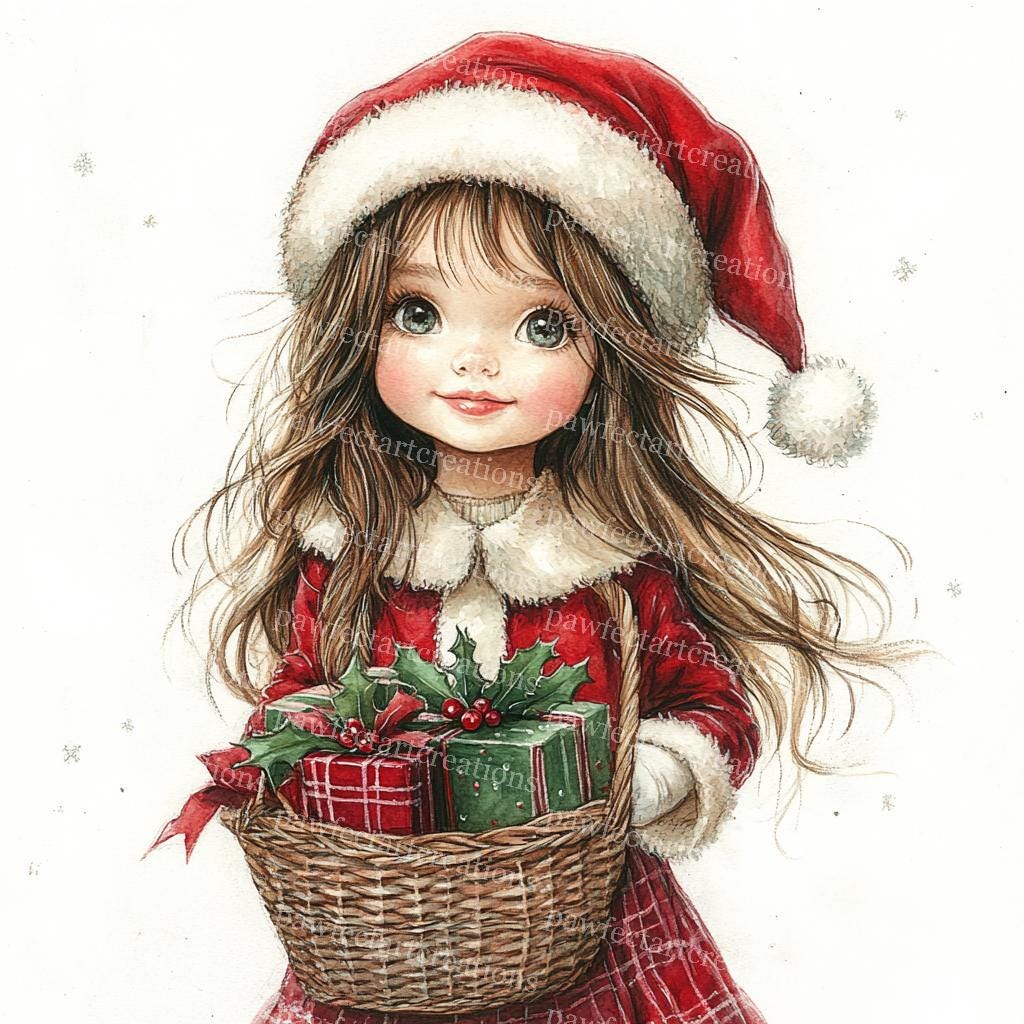 Christmas Girl Clipart: Watercolor Santa Hat Jpgs (digital Download) - Etsy