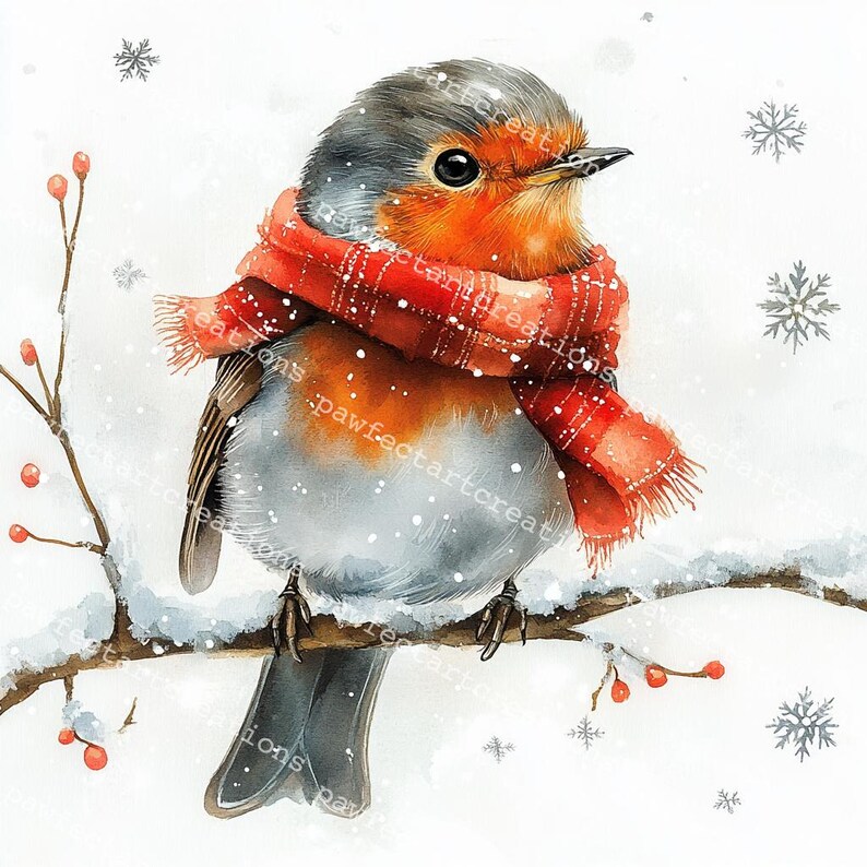 Christmas Robin Clipart: Watercolor Bird Jpgs for Cards (digital ...
