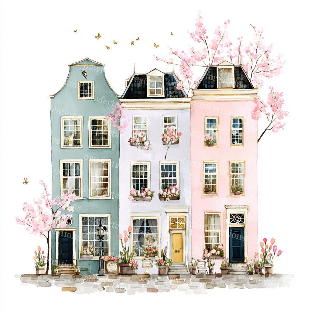 20 Pastel European Townhouses Clipart, City Street Scene, City ...