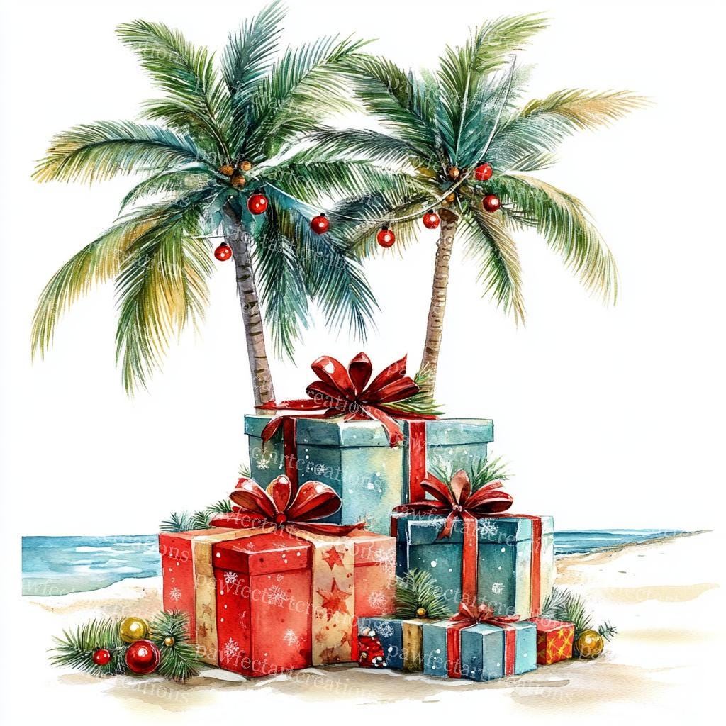 Tropical Christmas Palms Watercolor Clipart: Holiday Card Design ...