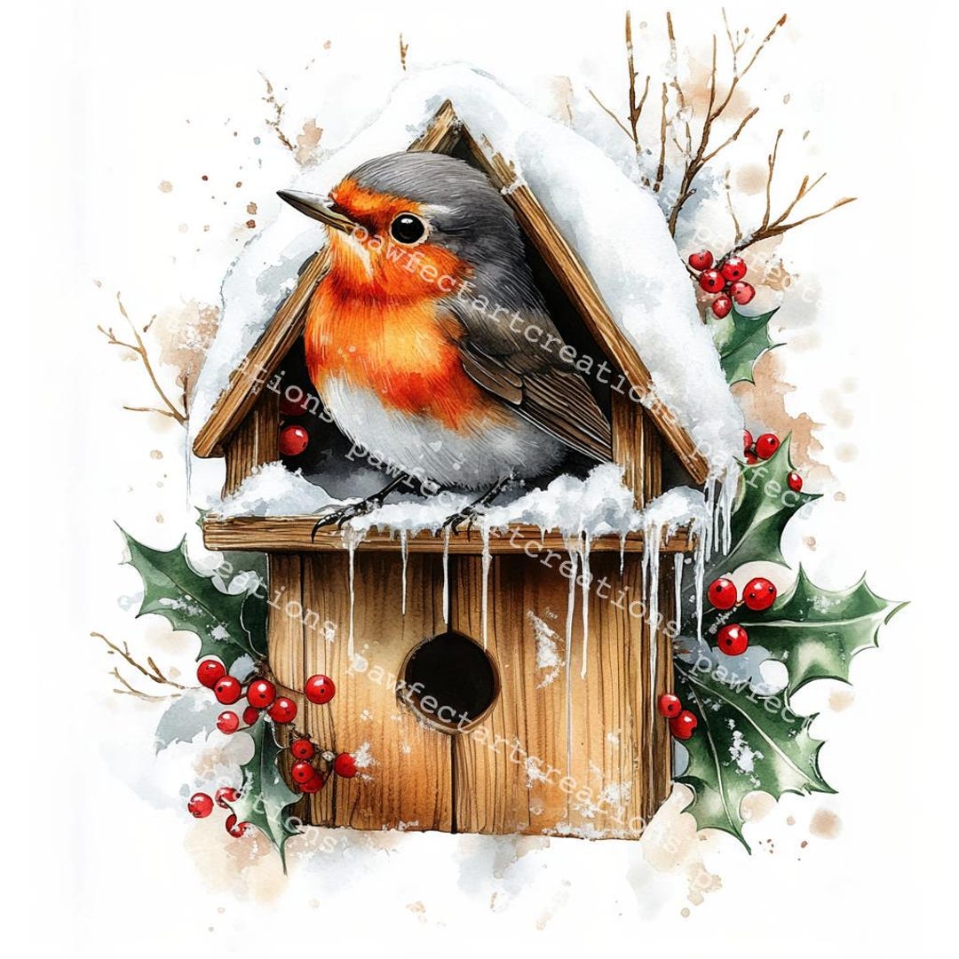 Christmas Robin Clipart: Watercolor Bird Jpgs for Cards (digital ...