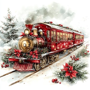 Vintage Christmas Train Clipart: Watercolor Locomotive Art (digital ...