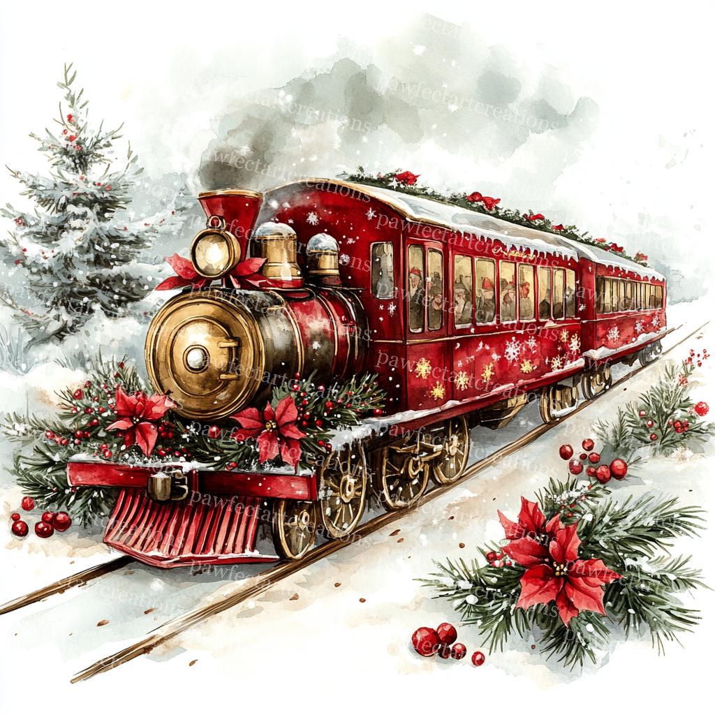 Vintage Christmas Train Clipart: Watercolor Locomotive Art (digital ...