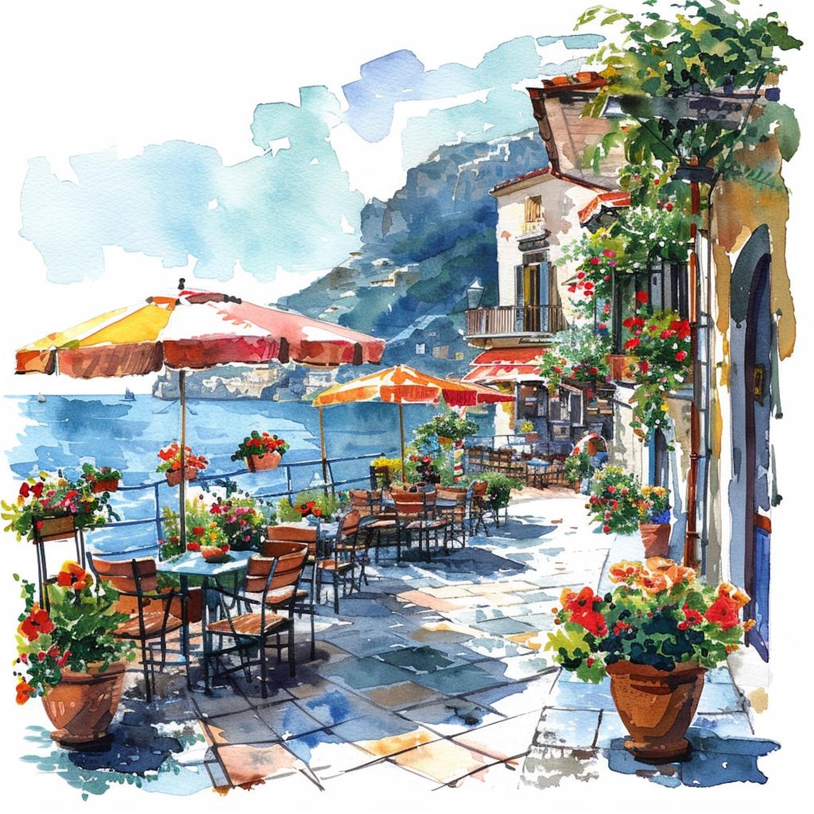 Amalfi Coast Clipart: Italian Coastal Watercolor Art (digital Download ...