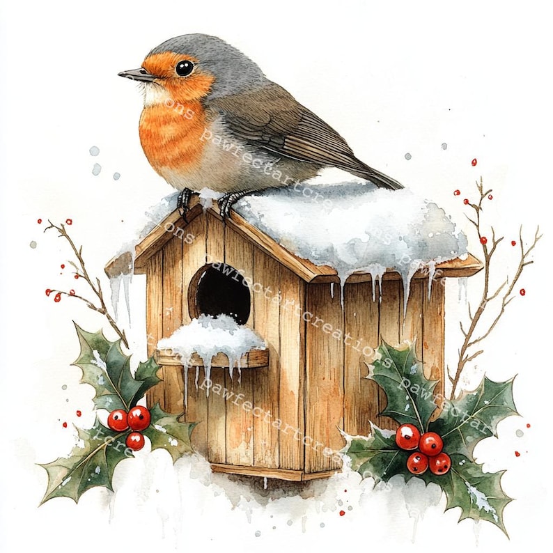 Christmas Robin Clipart: Watercolor Bird Jpgs for Cards (digital ...