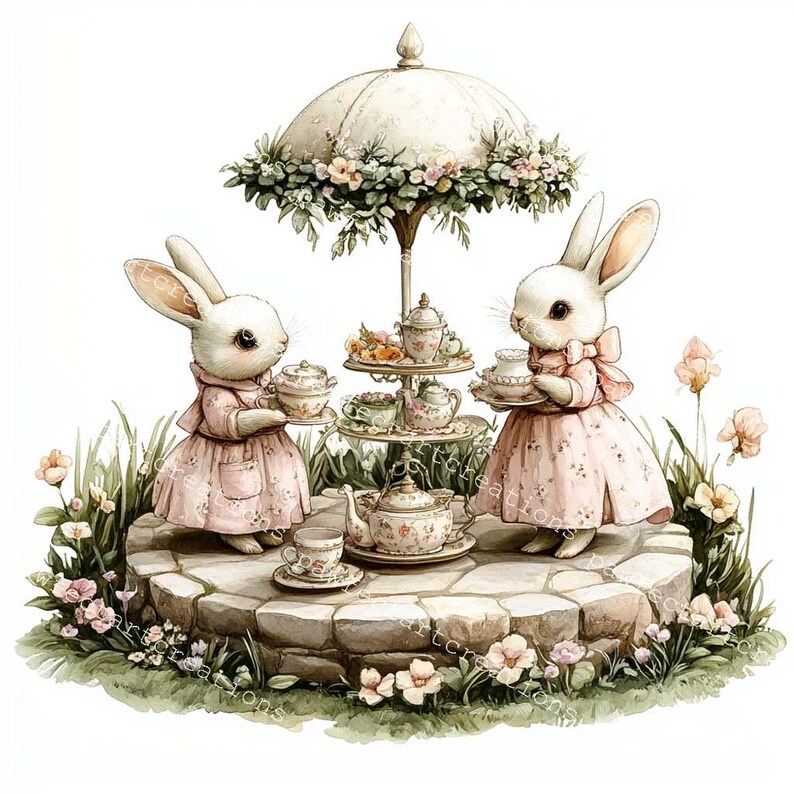 Easter Bunnies Tea Party Clipart: Watercolor Spring Jpgs (digital ...
