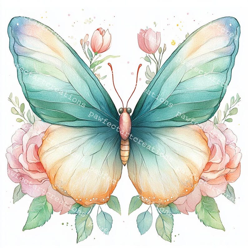 28 Floral Butterfly Clipart: Watercolor Flower Designs (JPG Digital ...