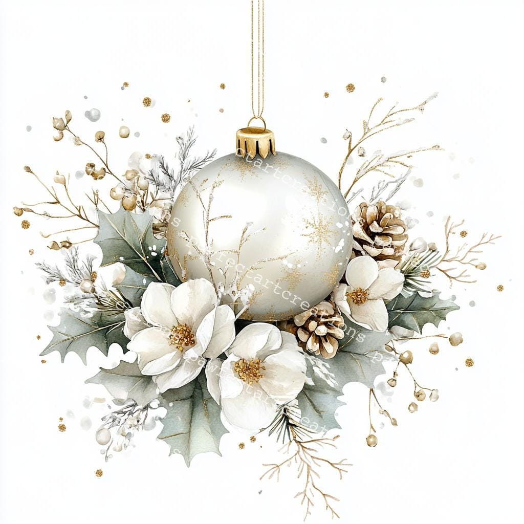 15 Elegant Christmas Baubles Clipart, Christmas Card,white Gold Xmas ...